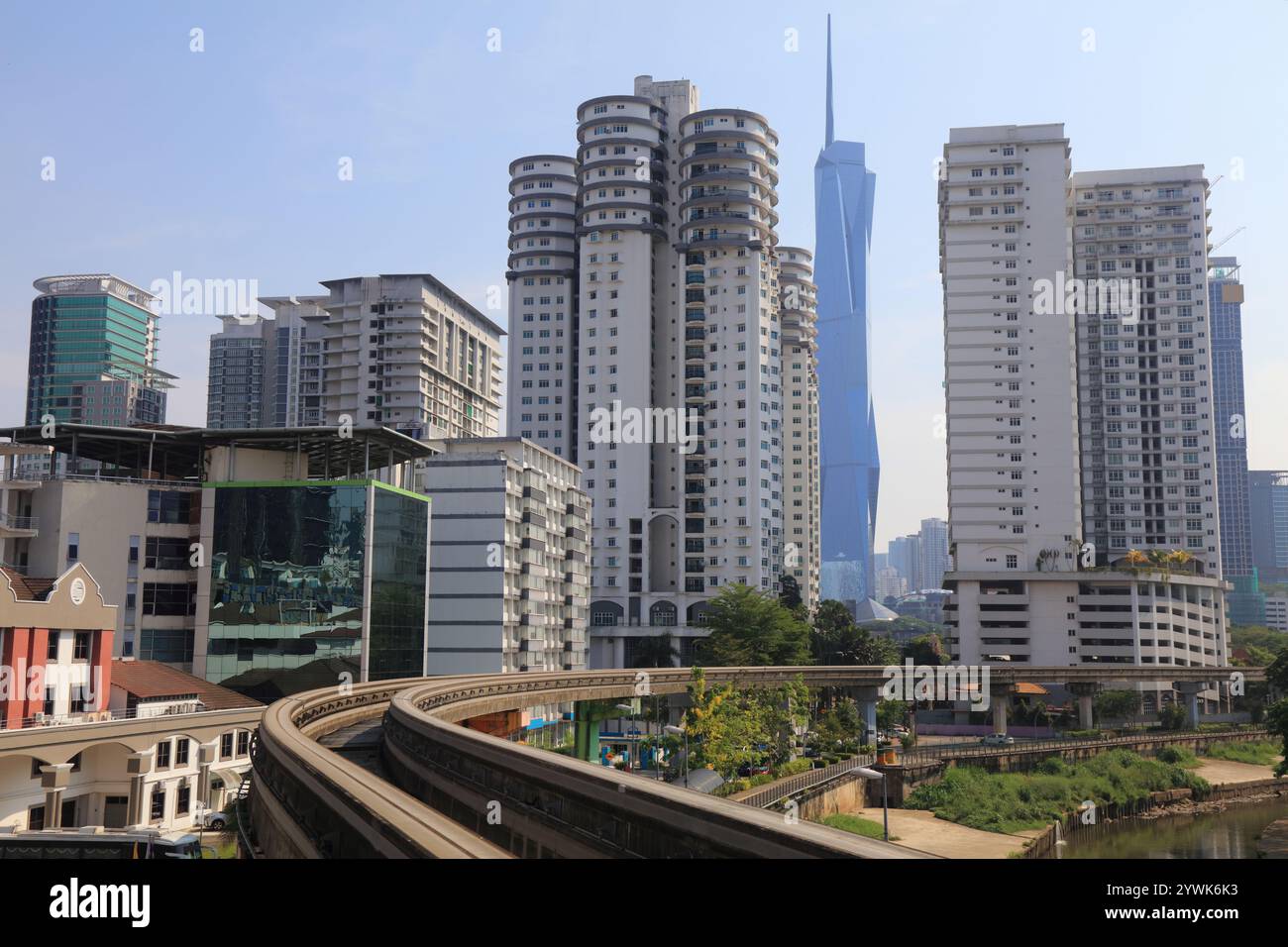 Kuala Lumpur city skyline with monorail public transportation train line. Kuala Lumpur, Malaysia ...