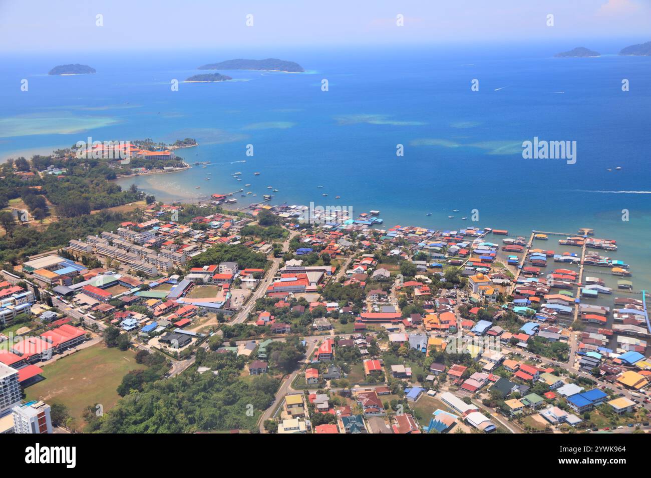 Kota Kinabalu town with coral reefs. Aerial view of Sabah, Malaysia ...