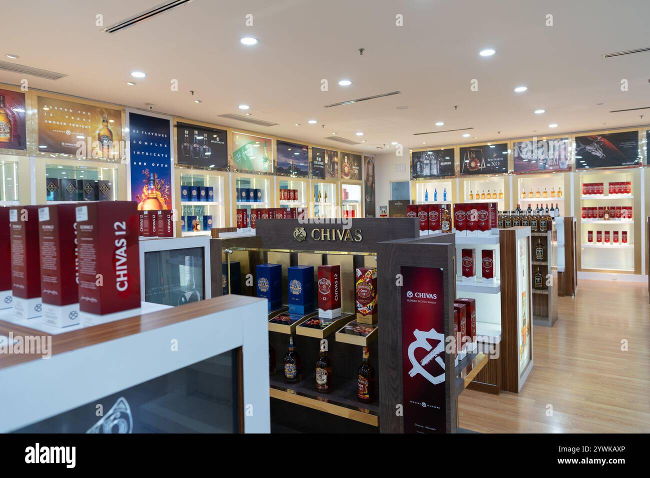 SENAI, MALAYSIA - NOVEMBER 27, 2023: goods on display in the duty-free ...