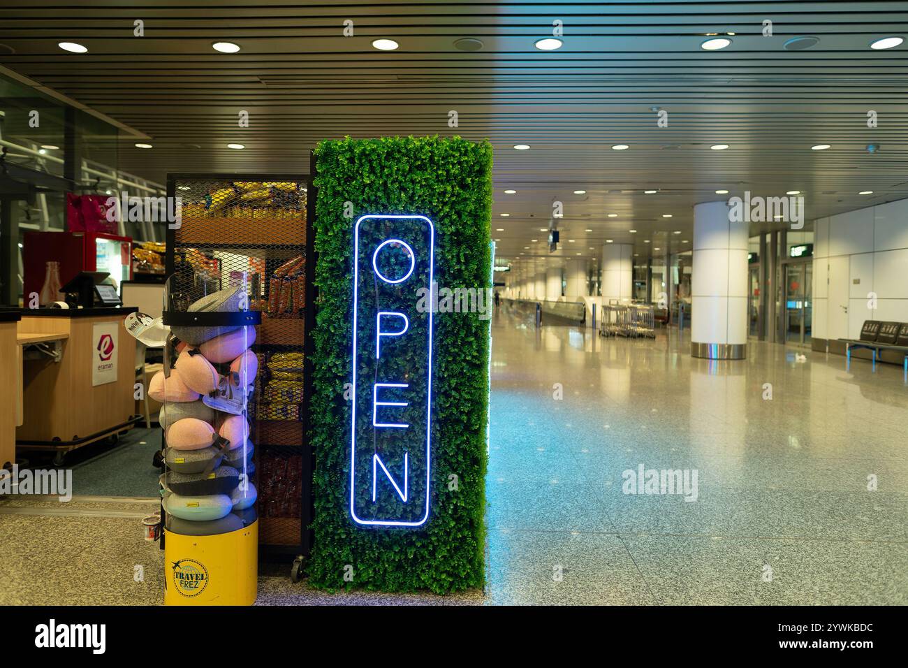 KUALA LUMPUR, MALAYSIA - NOVEMBER 27, 2023: neon "OPEN" sign at KLIA ...