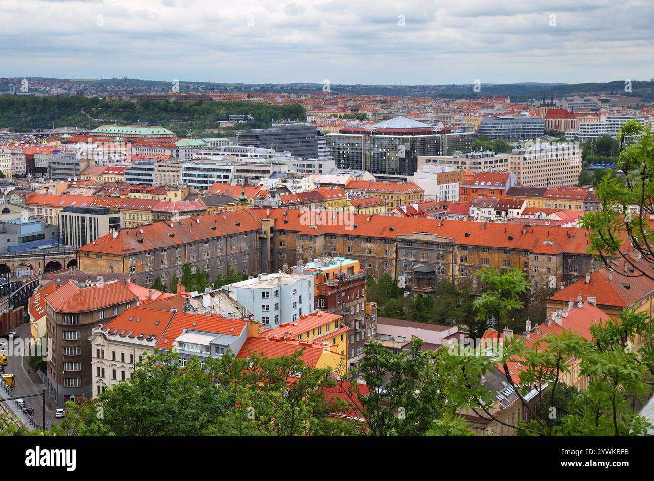 Cityscape of Prague with Karlin neighborhood. Famous Karlin Barracks ...