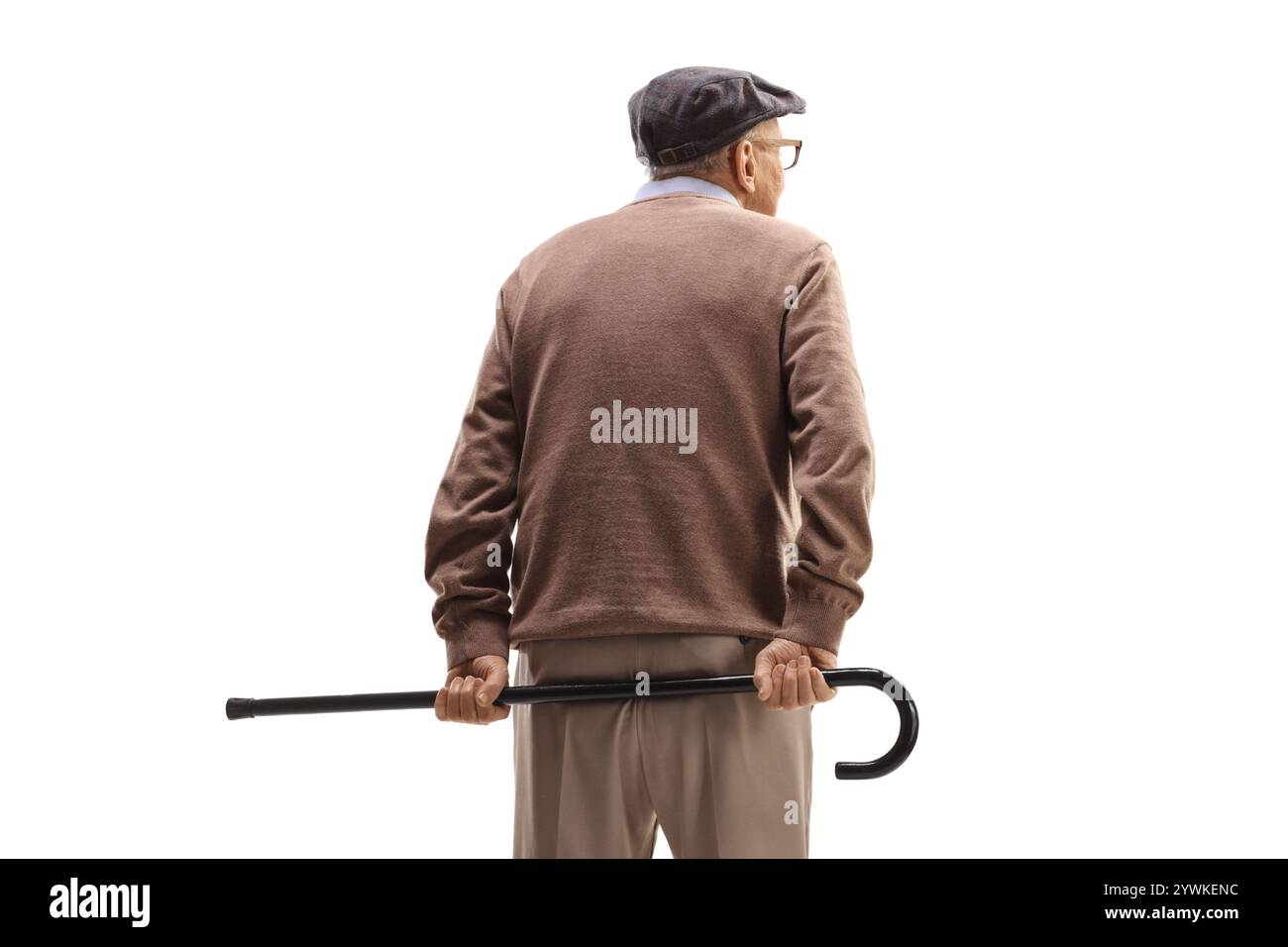 Rear view shot of an elderly man standing and holding a cane behind his ...