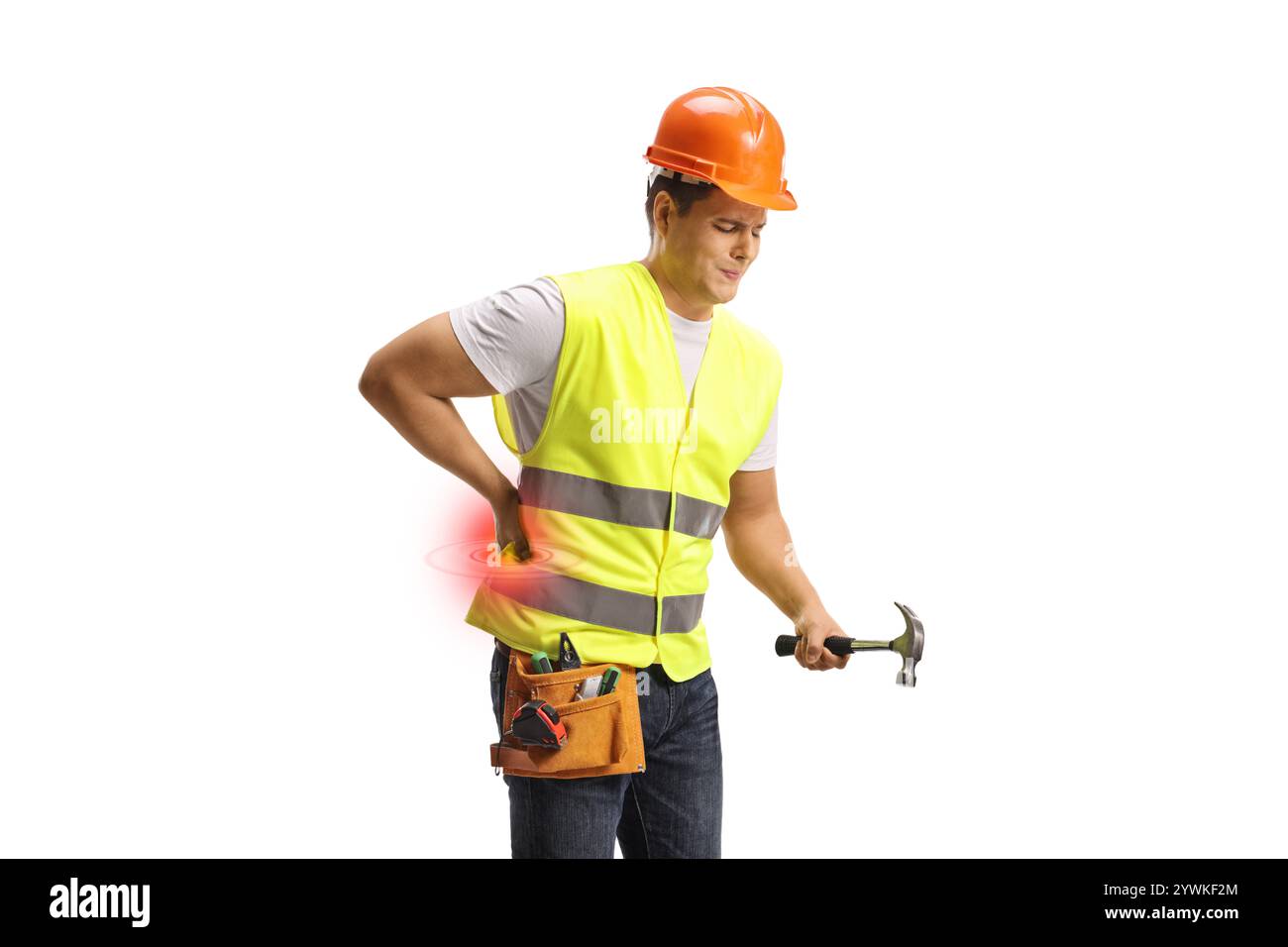 Construction worker with a back pain holding a hammer isolated on white ...