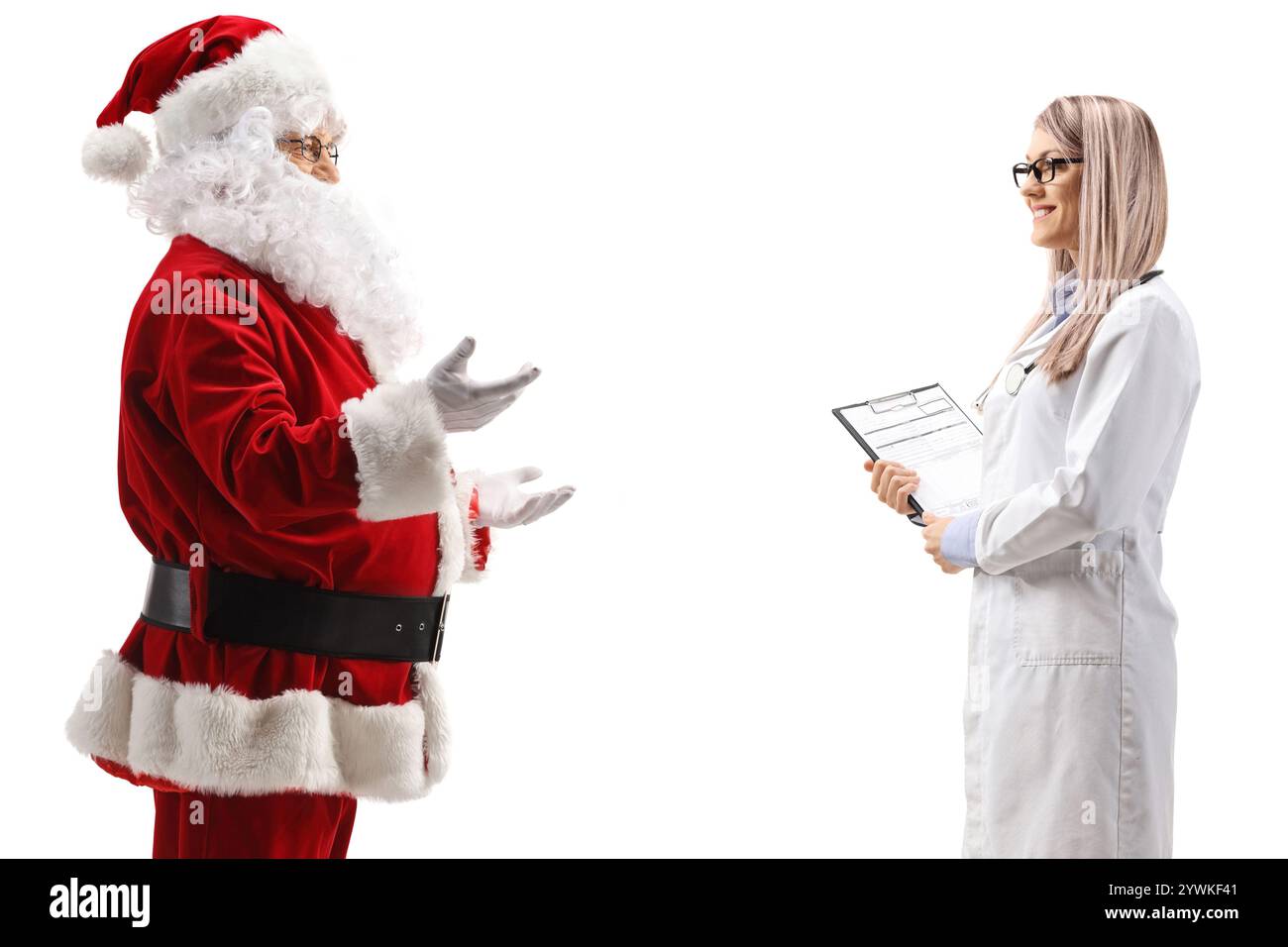 Profile shot of santa claus talking to a female doctor isolated on ...