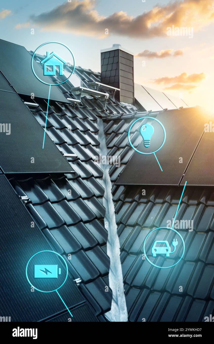 Modern smart home roof with technology icons and solar panels Stock ...