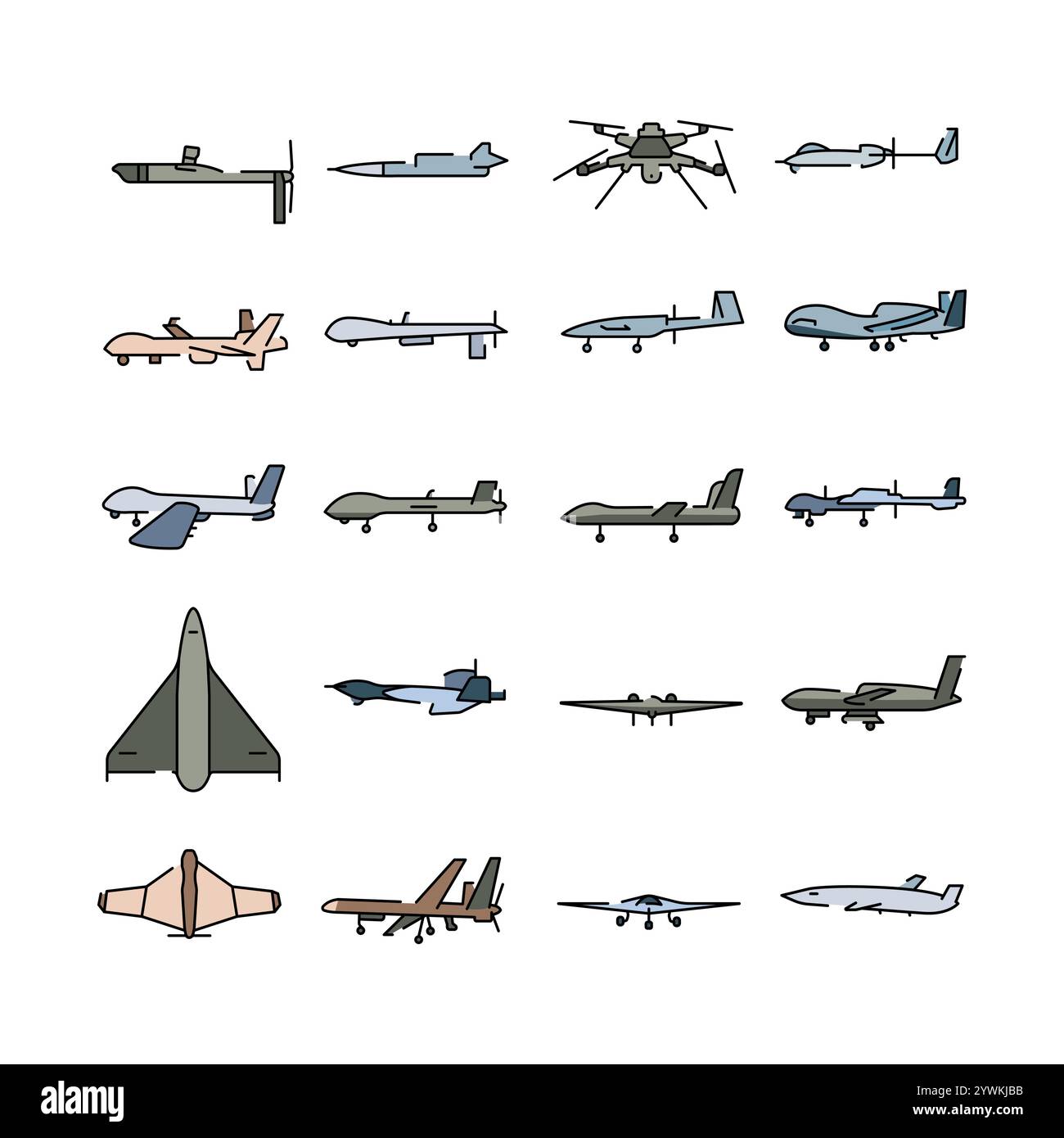 Military drones line color icons set. Signs for web page, mobile app, button, logo. Vector ...