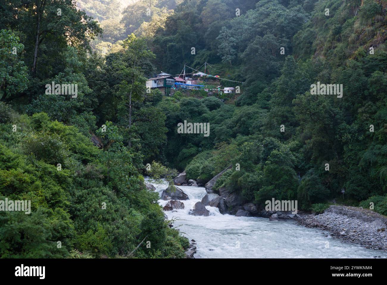 Langtang Valley, Rasuwa, Nepal - October 14, 2024 : Bamboo Village on the banks of Langtang ...