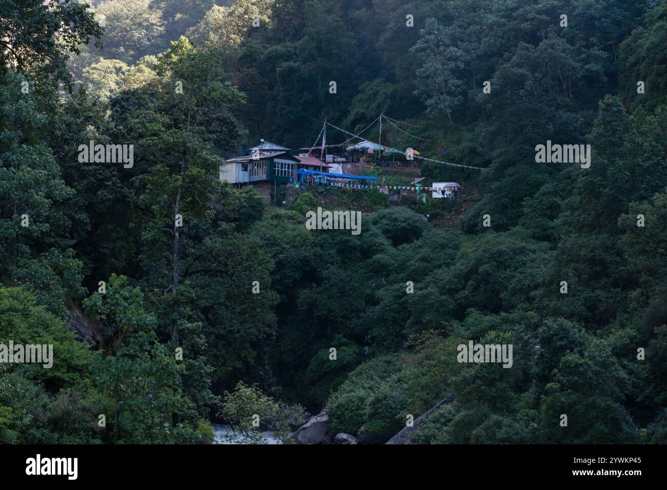 Langtang Valley, Rasuwa, Nepal - October 14, 2024 : Bamboo Village on the banks of Langtang ...