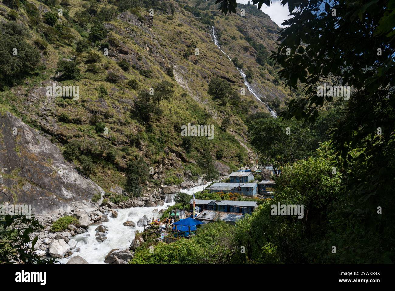 Langtang Valley, Rasuwa, Nepal - October 14, 2024 : Bamboo Village on the banks of Langtang ...