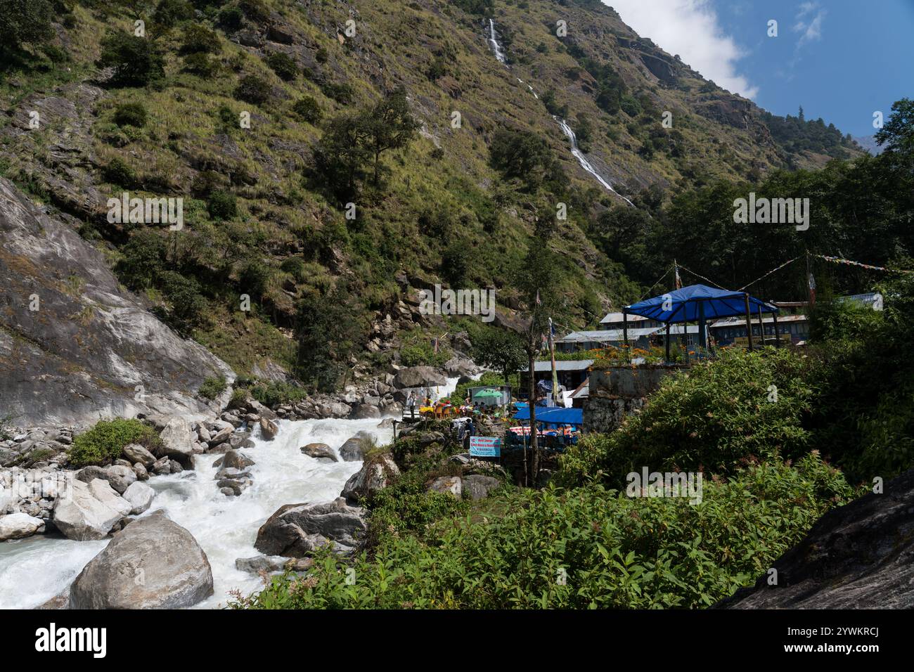 Langtang Valley, Rasuwa, Nepal - October 14, 2024 : Bamboo Village on the banks of Langtang ...