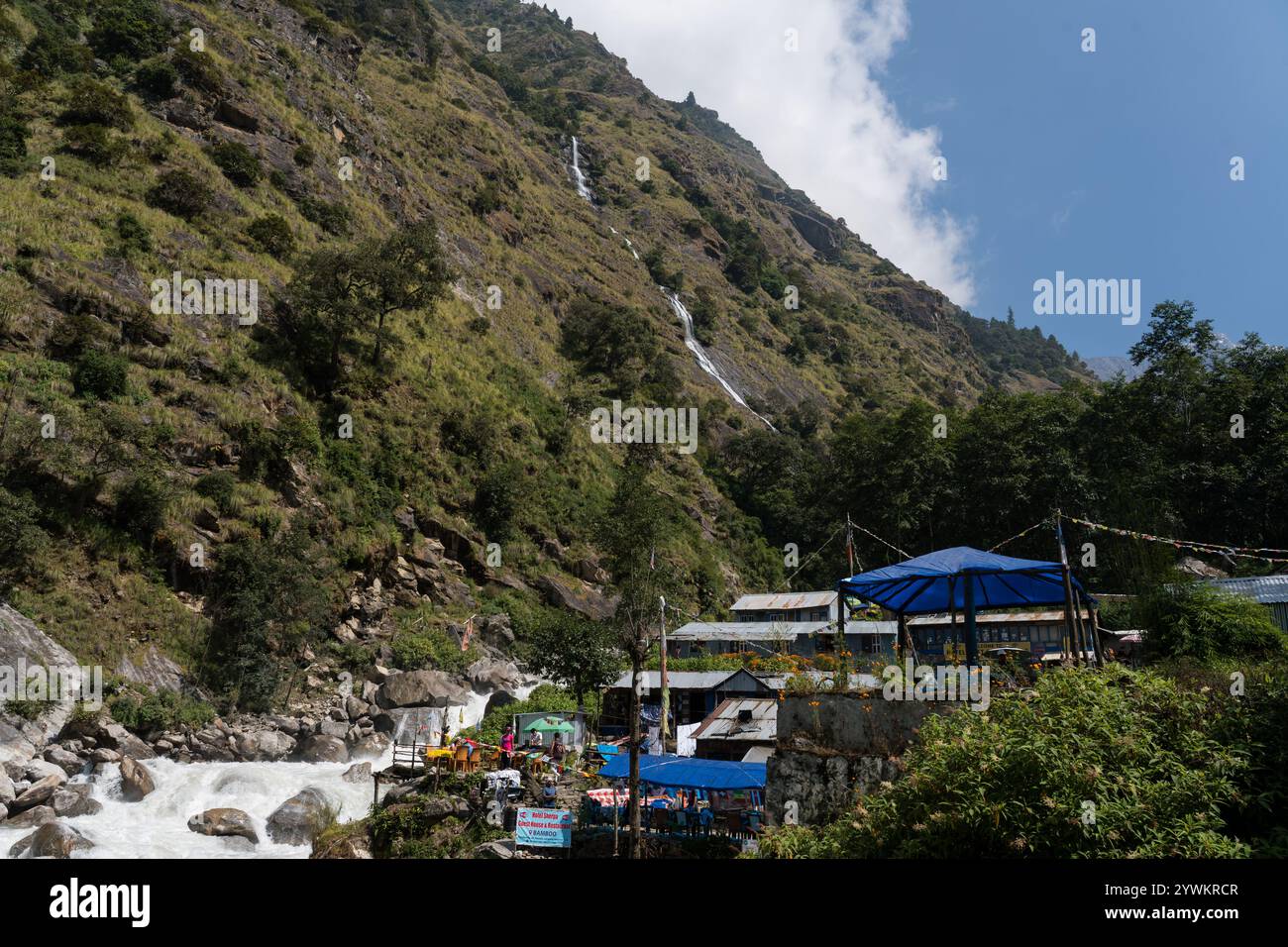 Langtang Valley, Rasuwa, Nepal - October 14, 2024 : Bamboo Village on the banks of Langtang ...