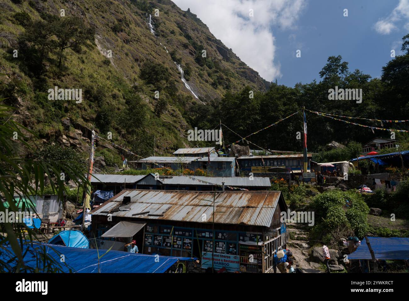 Langtang Valley, Rasuwa, Nepal - October 14, 2024 : Bamboo Village on the banks of Langtang ...