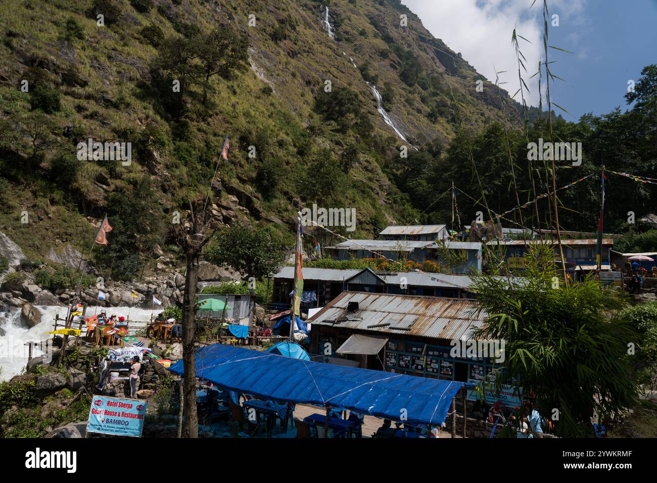 Langtang Valley, Rasuwa, Nepal - October 14, 2024 : Bamboo Village on the banks of Langtang ...