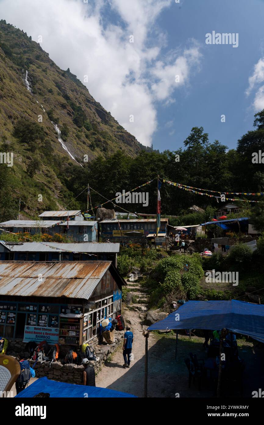 Langtang Valley, Rasuwa, Nepal - October 14, 2024 : Bamboo Village on the banks of Langtang ...
