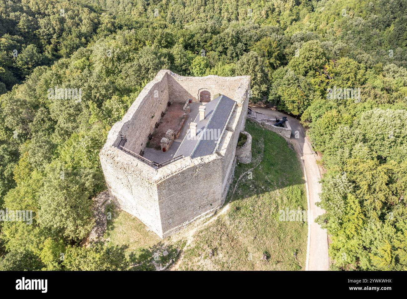 Aerial view of ruined Gothic medieval Marevar castle near Magyaregregy ...