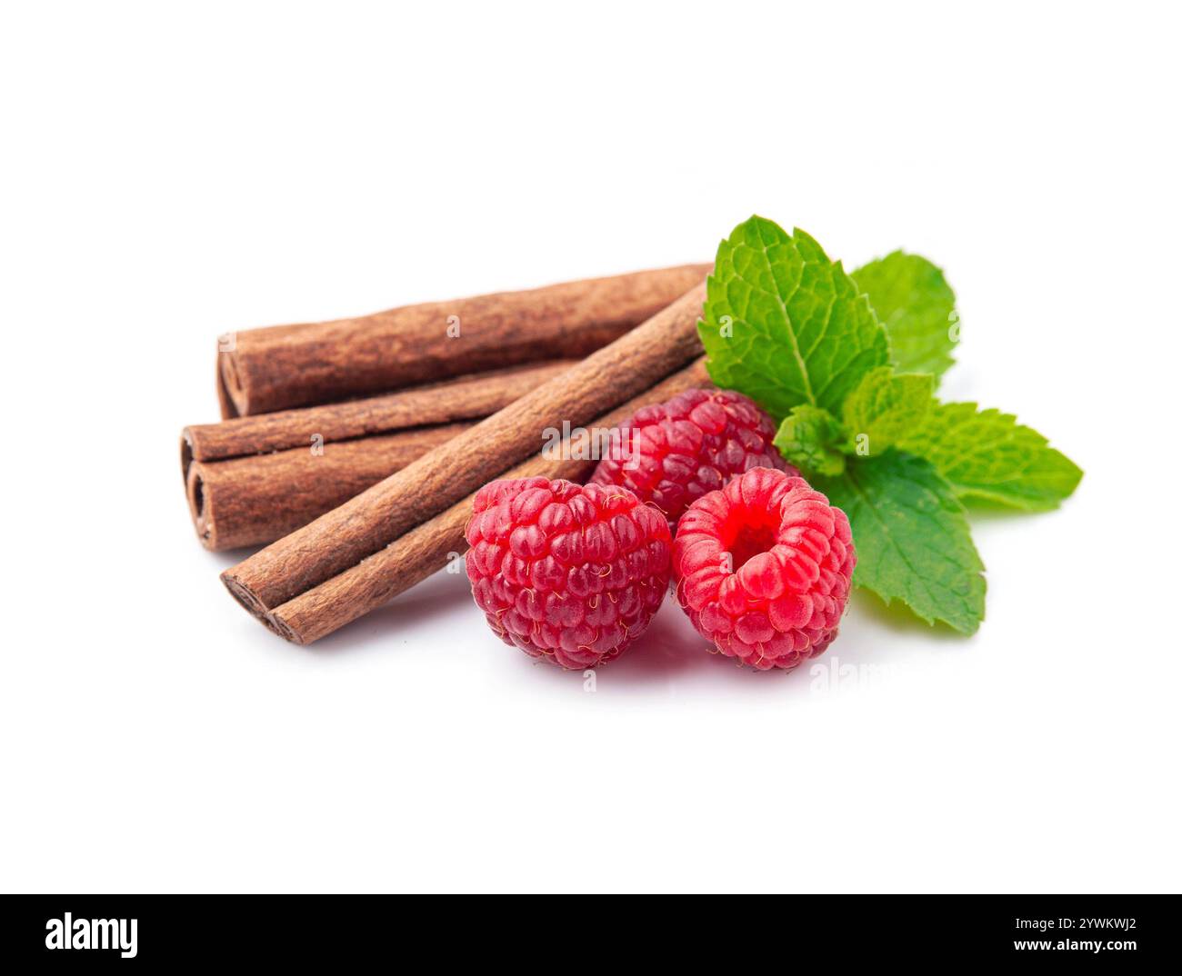 Cinnamon with raspberry and mint herbal on white backgrounds Stock ...