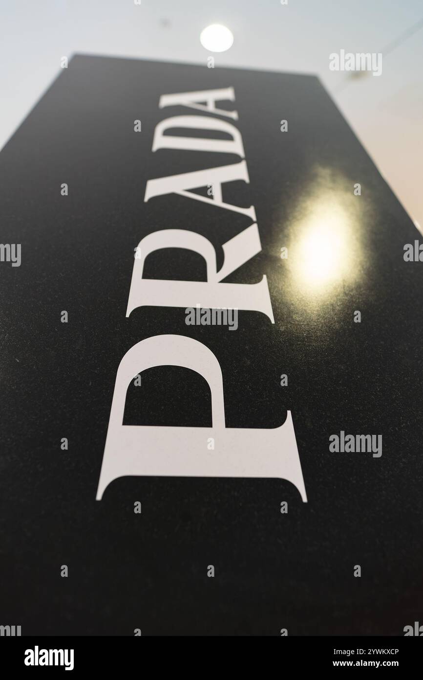 KUALA LUMPUR, MALAYSIA - DECEMBER 02, 2023: close up shot of Prada sign ...