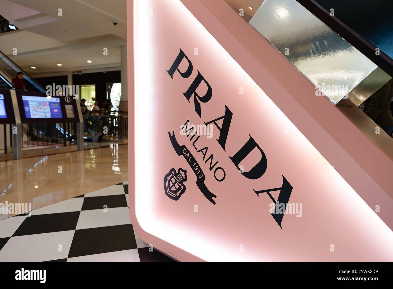 KUALA LUMPUR, MALAYSIA - DECEMBER 02, 2023: close up shot of Prada sign ...