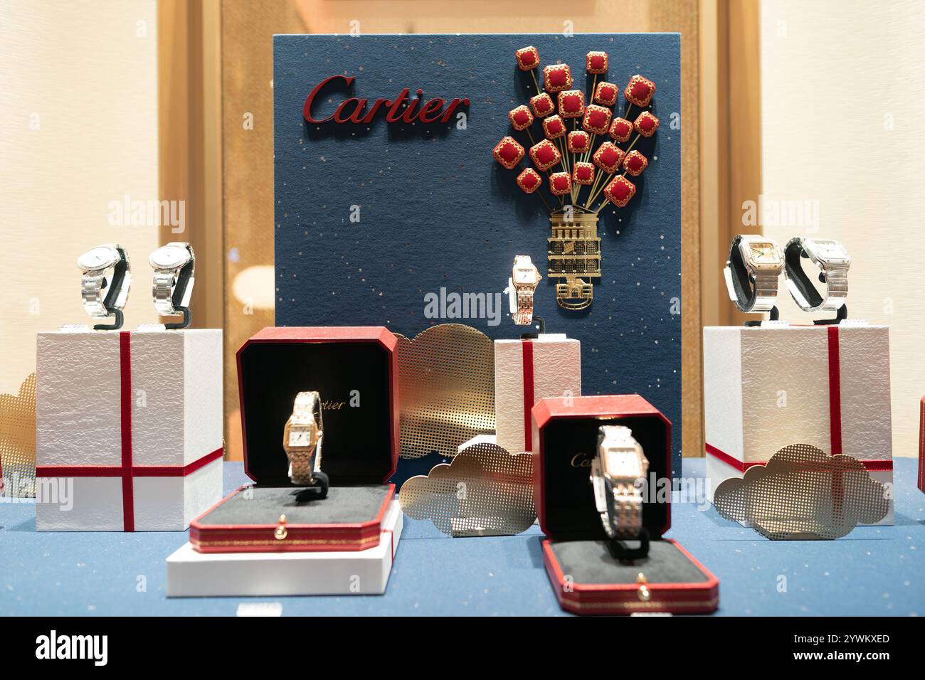 KUALA LUMPUR, MALAYSIA - DECEMBER 02, 2023: Cartier watches on display ...