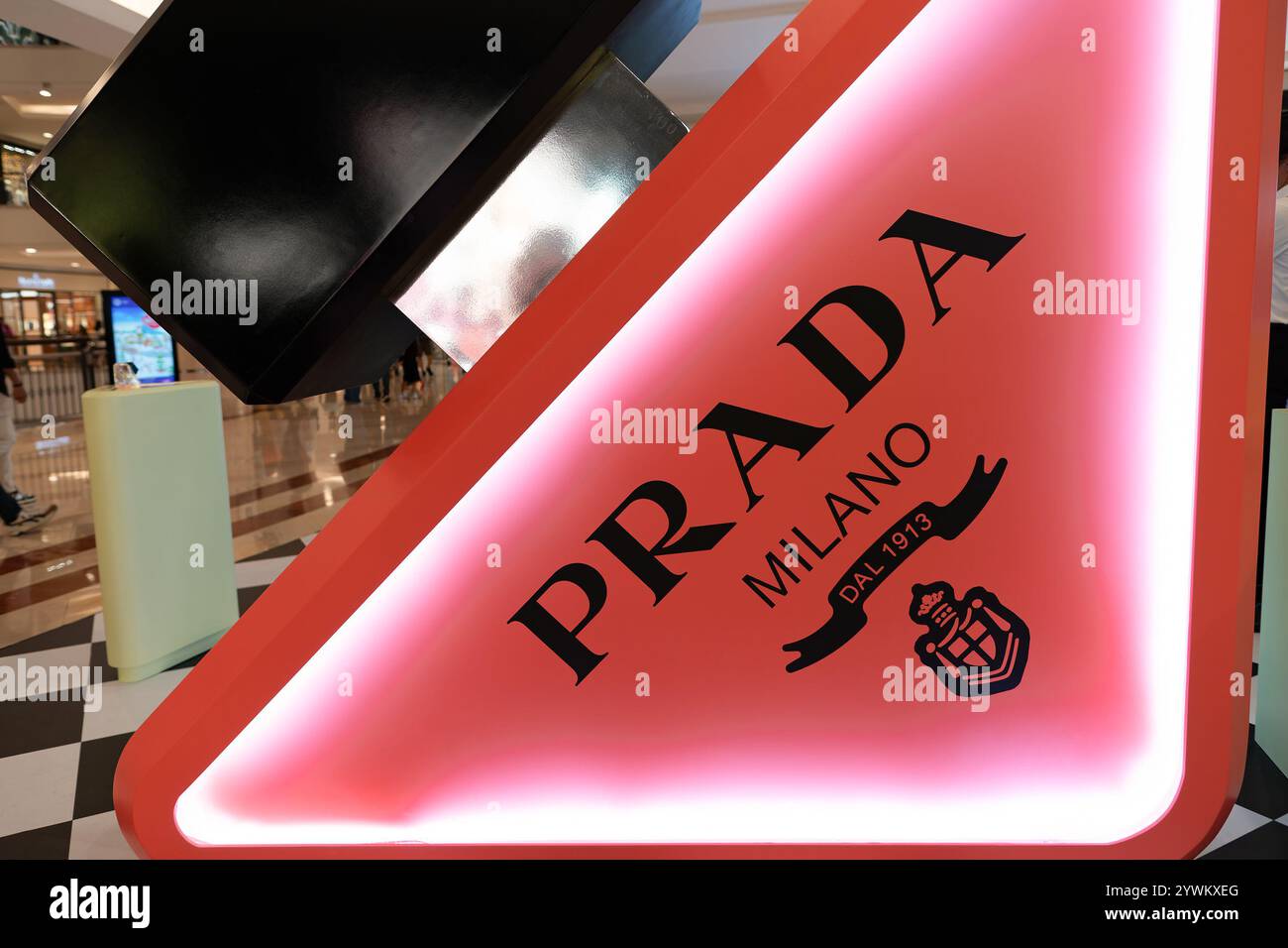 KUALA LUMPUR, MALAYSIA - DECEMBER 02, 2023: close up shot of Prada sign ...