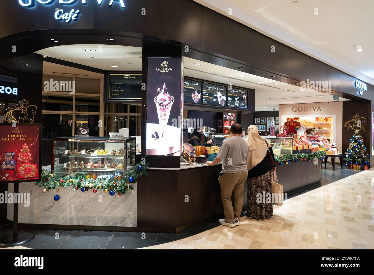 KUALA LUMPUR, MALAYSIA - DECEMBER 02, 2023: Godiva Cafe in Suria KLCC. Godiva is a prestigious ...
