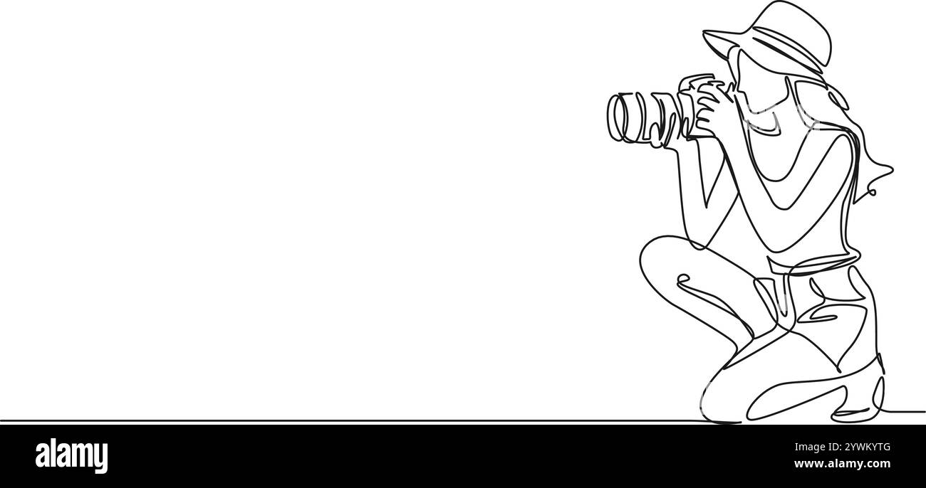 continuous line drawing of young woman taking pictures with DSLR, line ...