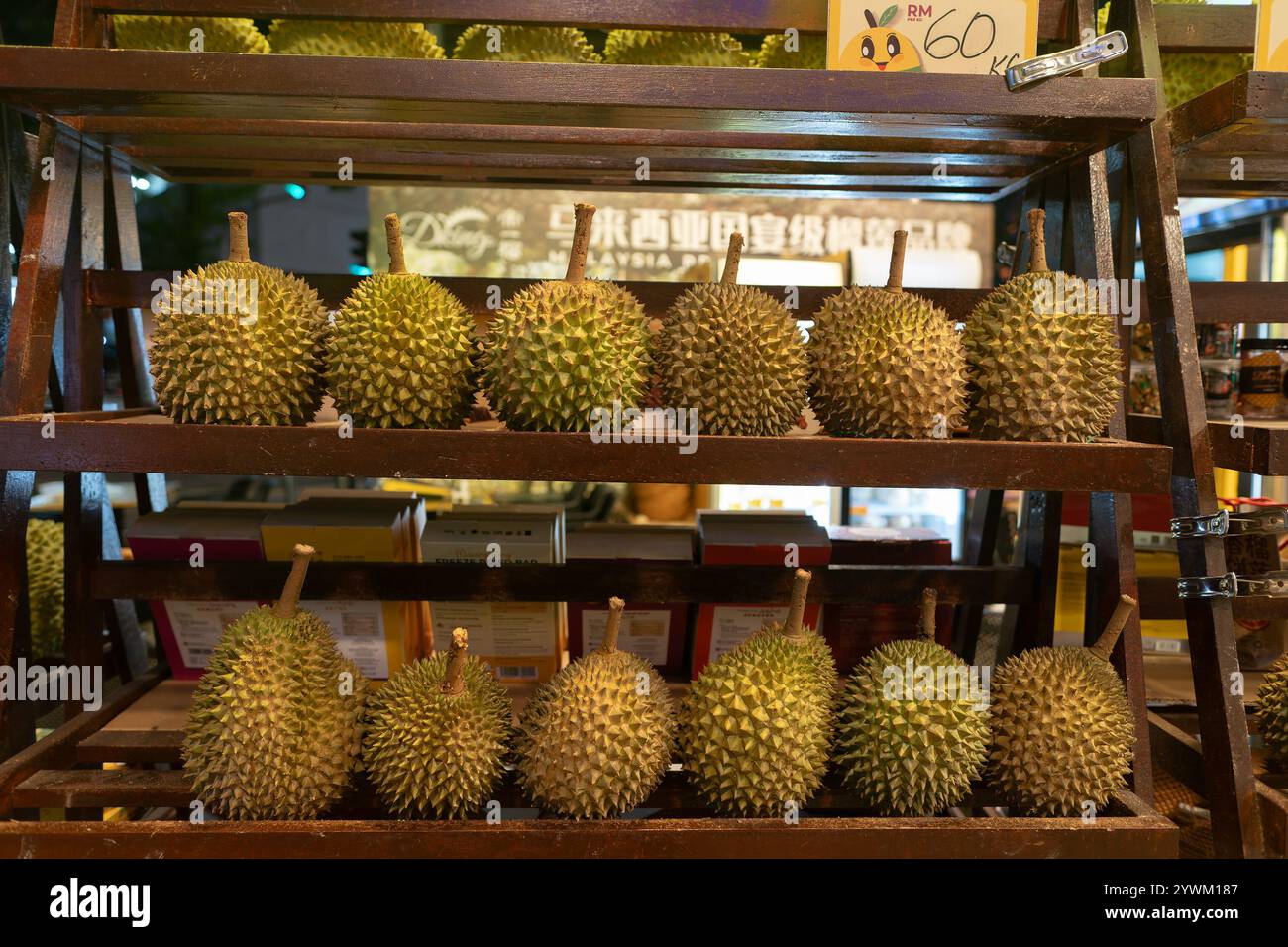 KUALA LUMPUR, MALAYSIA - DECEMBER 02, 2023: durians on display at ...