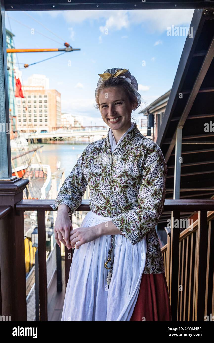 A lady in costume at the Famous Boston Tea Party ship in Boston, USA ...