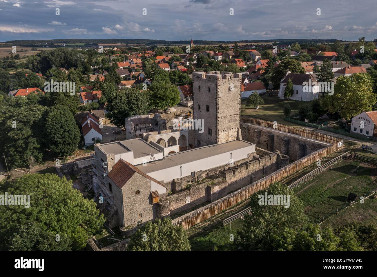 Medieval Nagyvazsony castle with square keep of Kinizsi, barbican ...