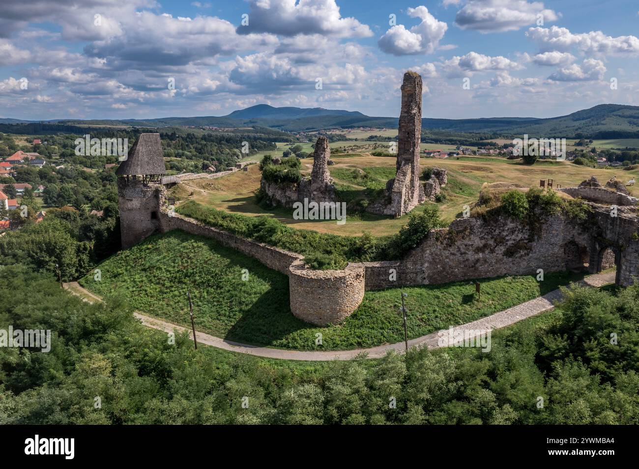 Aerial view of medieval Nograd castle in Hungary with partially ...