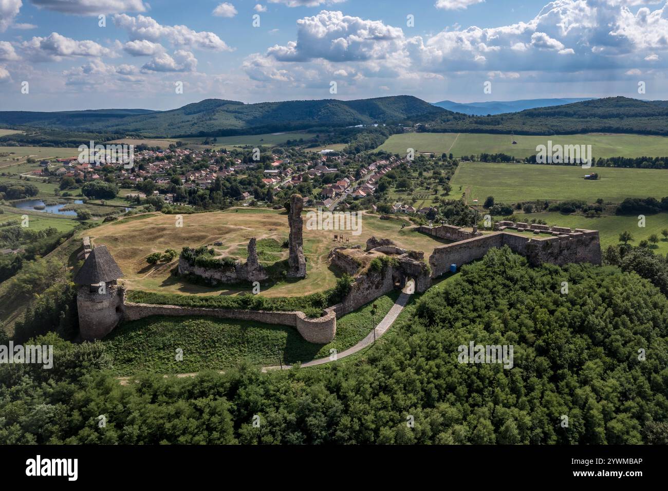 Aerial view of medieval Nograd castle in Hungary with partially ...