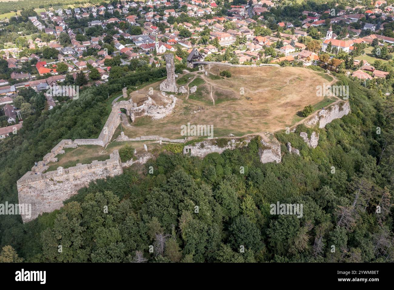 Aerial view of medieval Nograd castle in Hungary with partially ...
