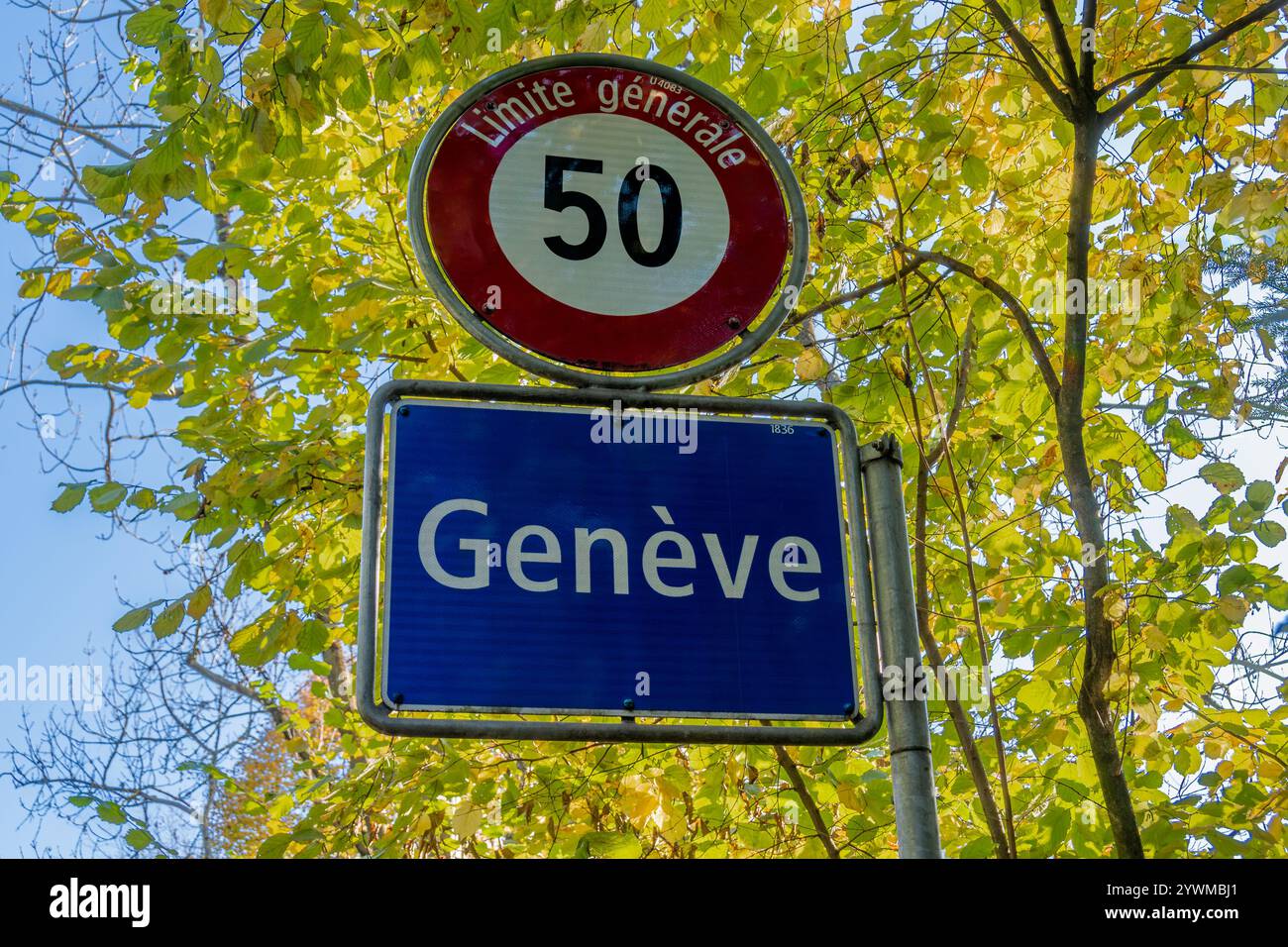 Road sign at the entrance to the city of Geneva, Switzerland ...