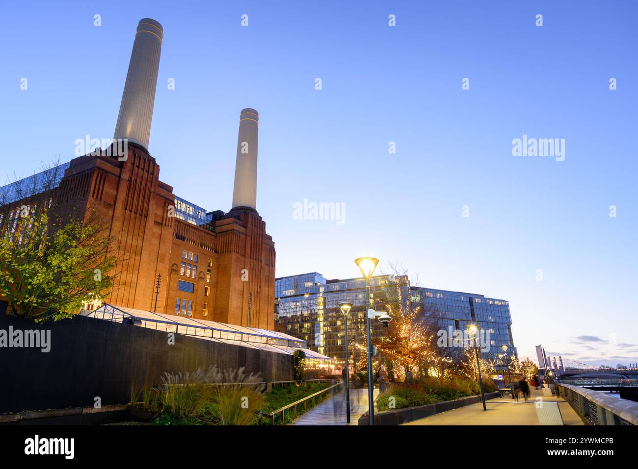 Christmas decorations along the riverwalk at Battesea Power Station at ...