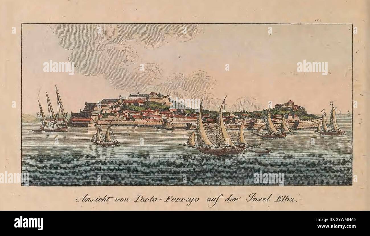 Illustration of exile of Napoleon Bonaparte. View of Porto-Ferrajo on ...