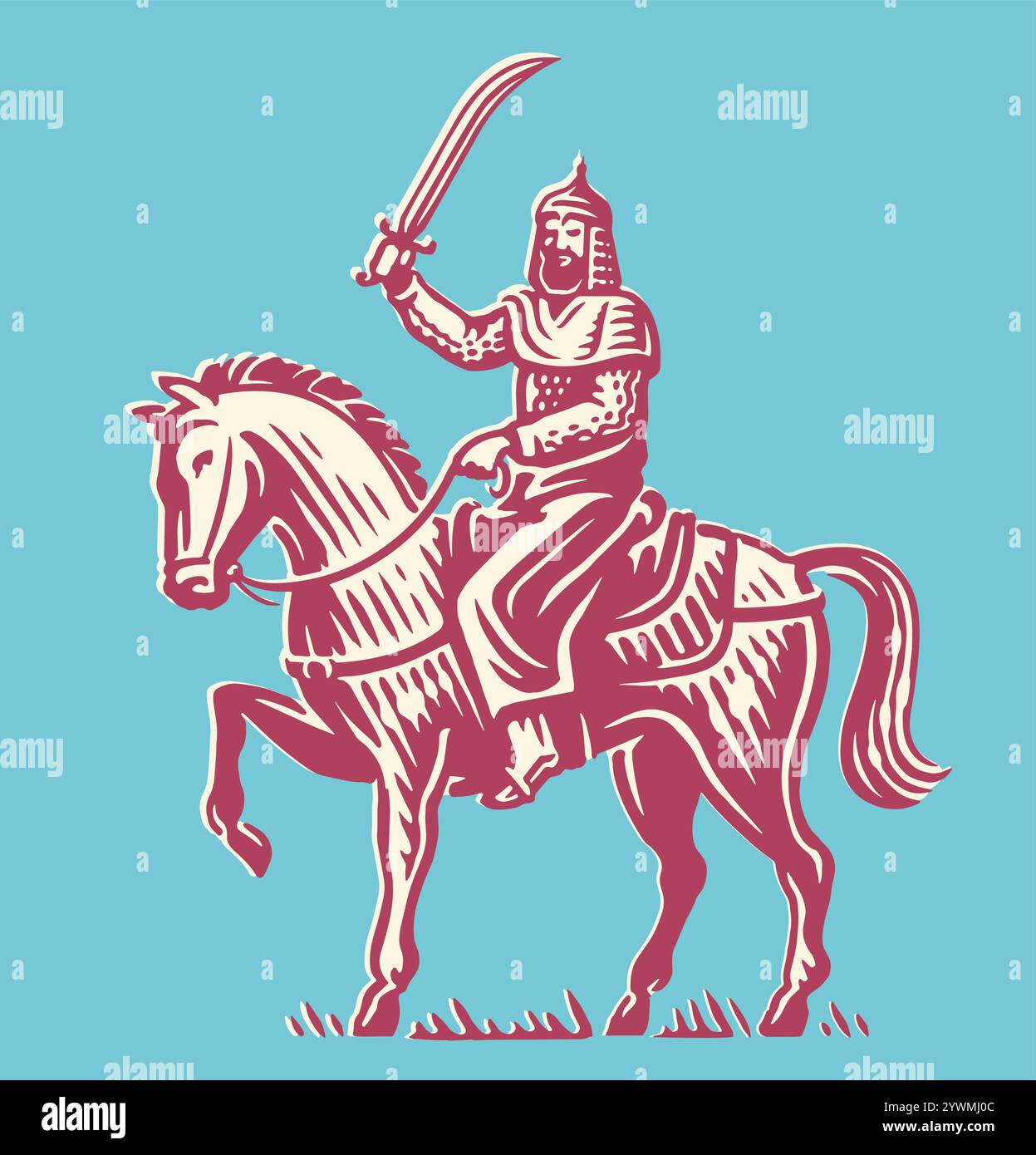 Warrior in combat armor with saber riding horse. Cavalry soldier emblem ...