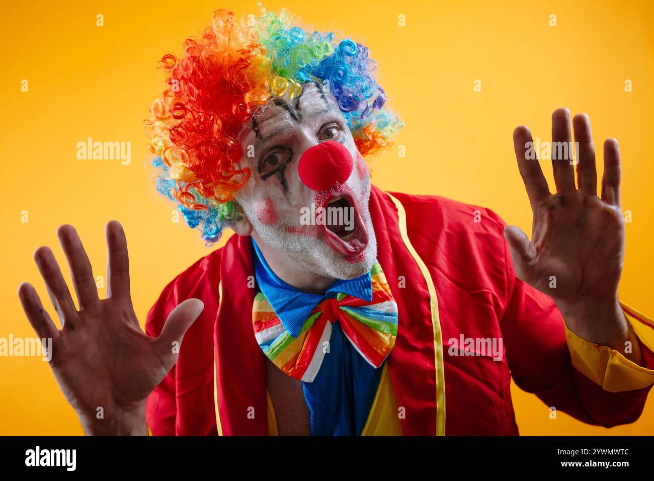Shocked clown with rainbow wig, wide-eyed, hands up Stock Photo - Alamy