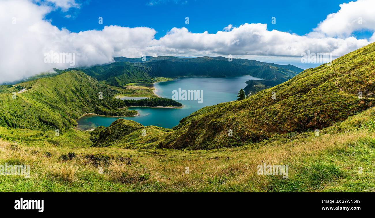 A panorama view over the Lake of Fire on the island of San Miguel in ...