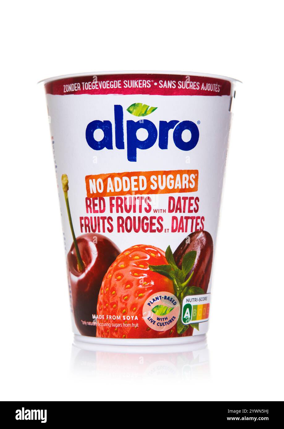 LONDON, UK - DECEMBER 12, 2024: Alpro no added sugar yogurt with red ...