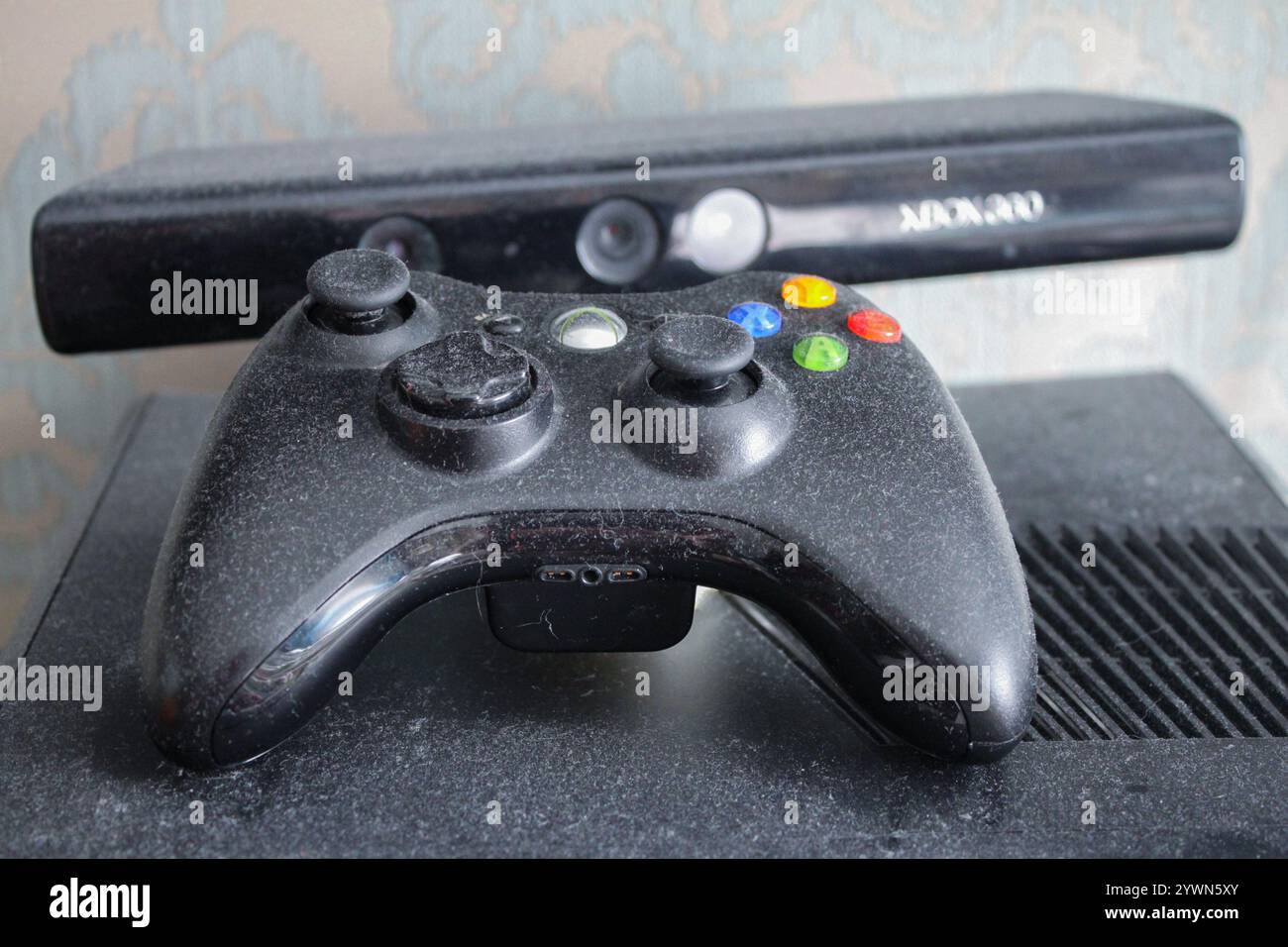 Moscow, Russia, February 2020: Close up of abandoned Xbox game console ...