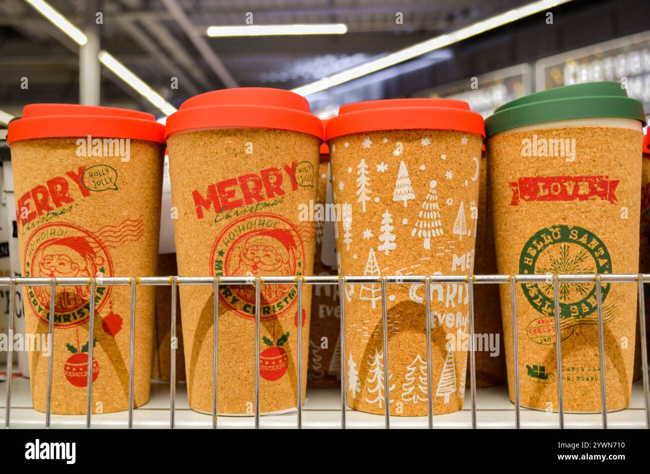 Moscow, Russia, October 2019: Reusable takeaway coffee mugs with cork ...