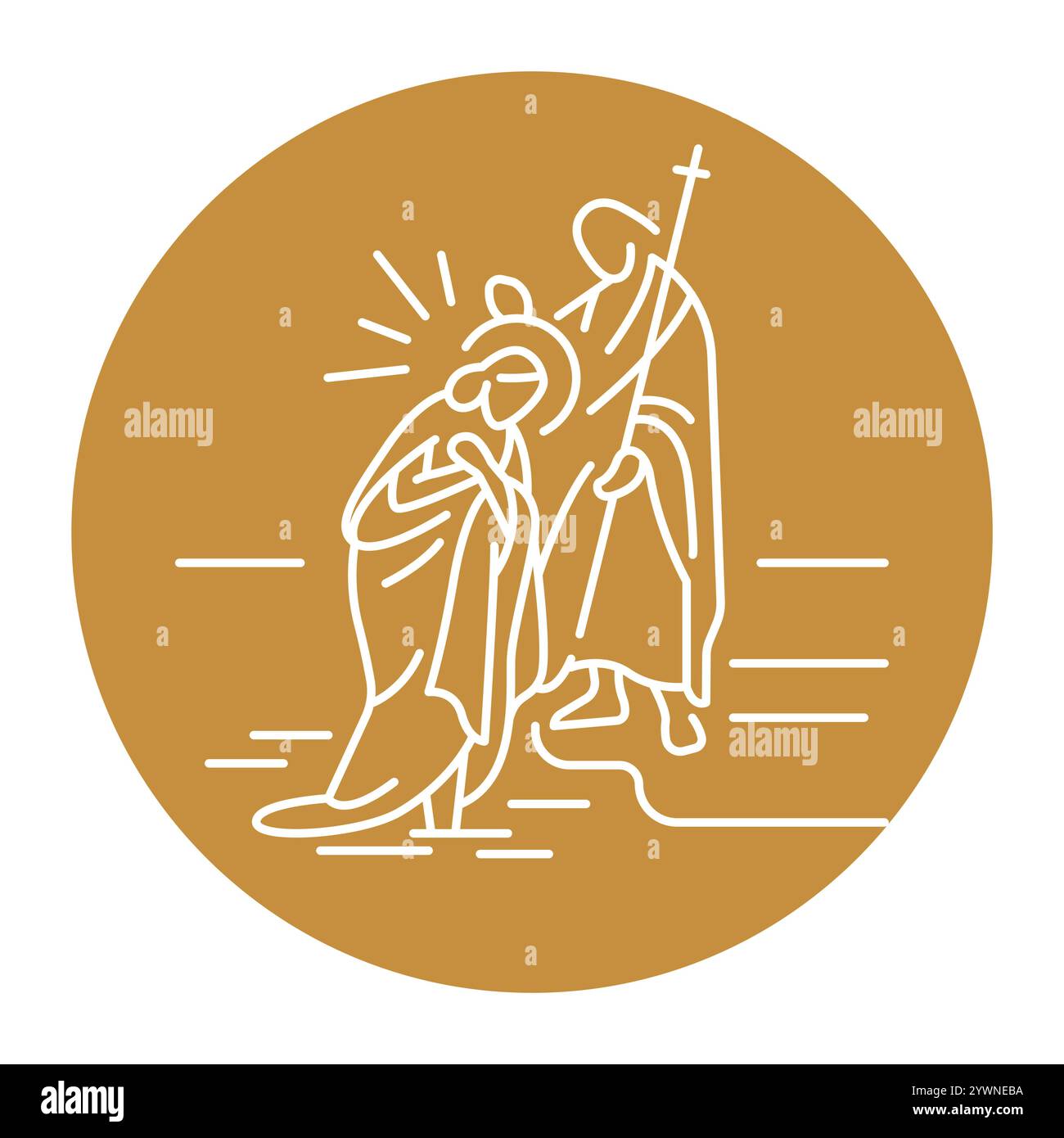 Baptism blessing of Jesus Christ in Jordan river water by John Baptist black line icon ...