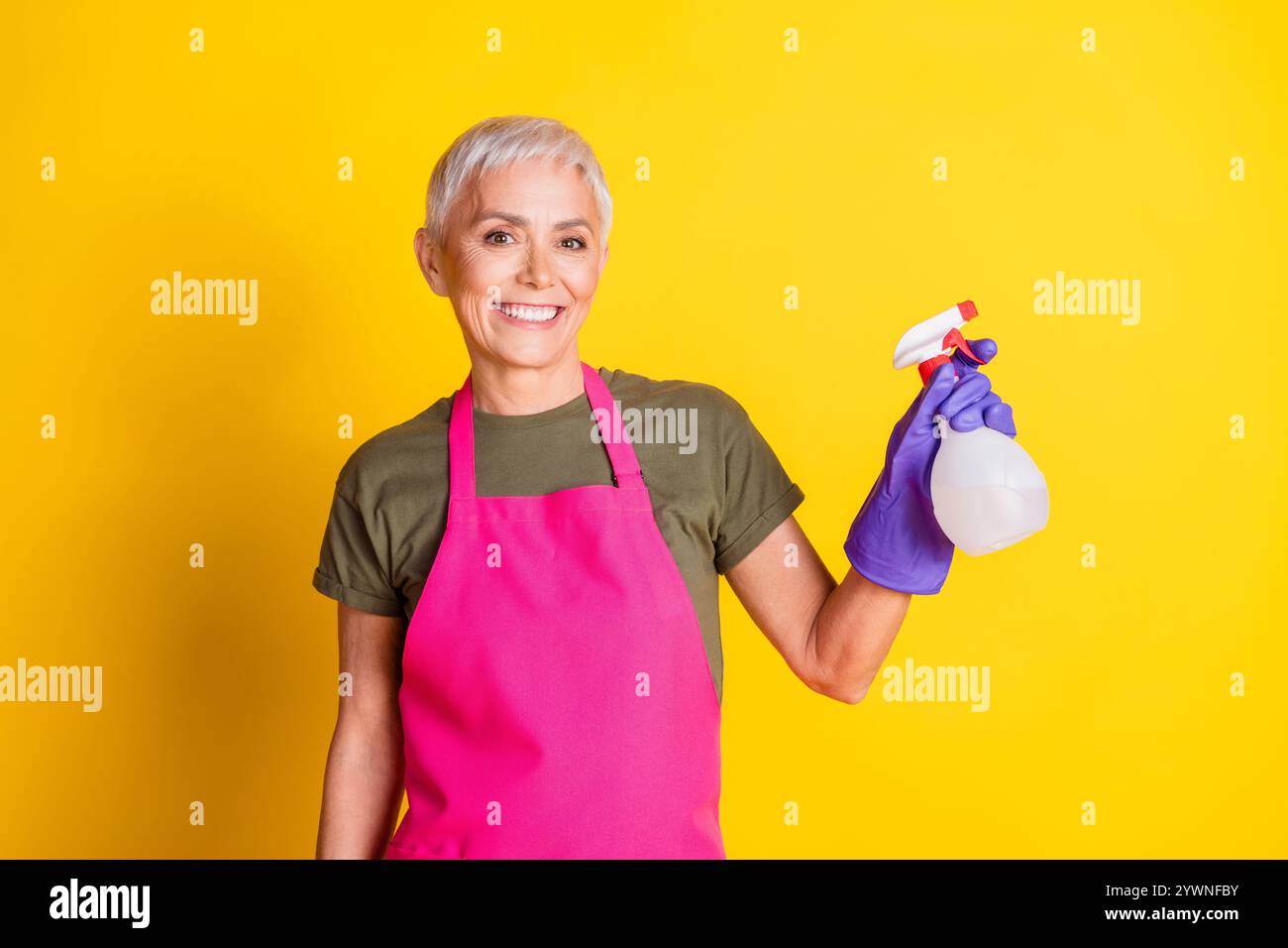 Portrait of pretty aged woman hold pulverizer spray maid pink apron ...