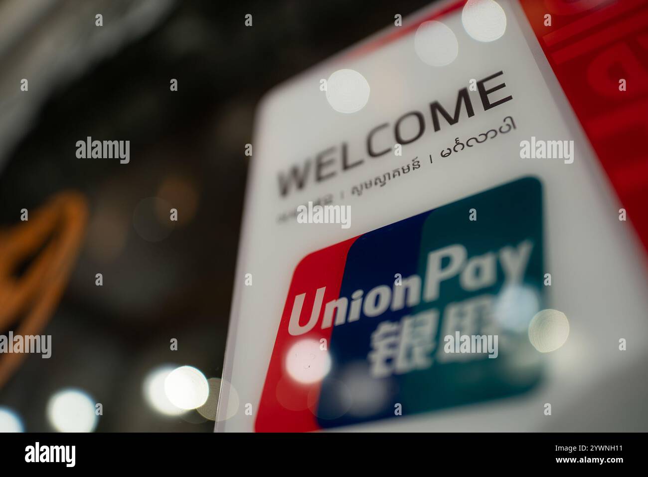 CHIANG MAI, THAILAND - OCTOBER 24, 2023: close up shot of UnionPay logo ...