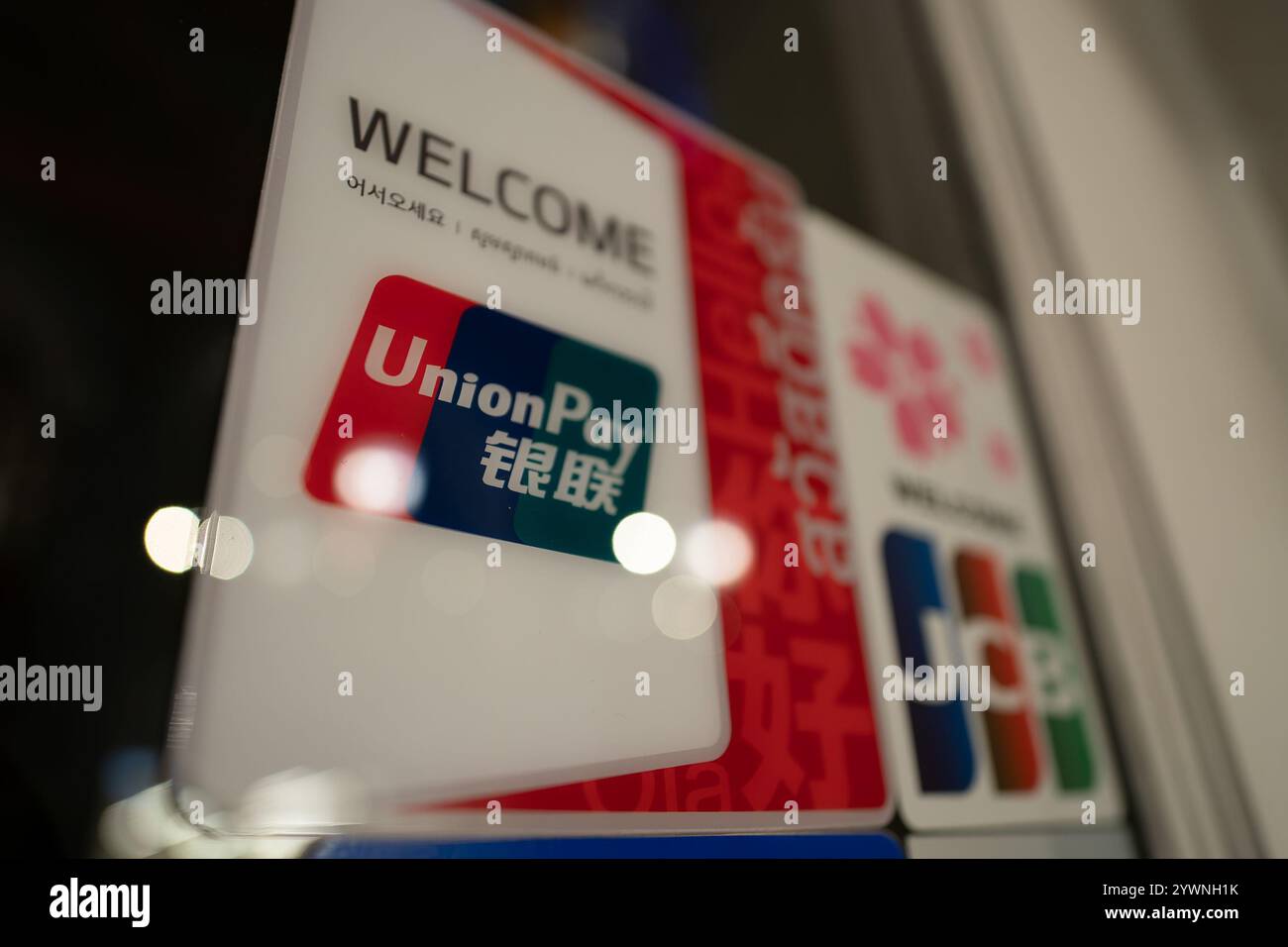 CHIANG MAI, THAILAND - OCTOBER 24, 2023: close up shot of UnionPay logo ...