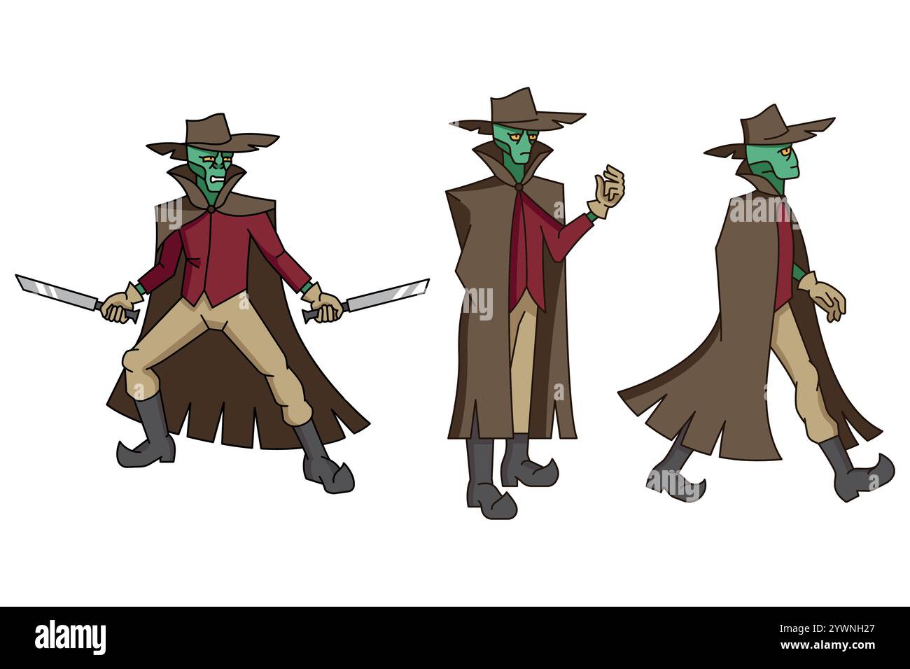 Monsters in cloaks and hats in various poses color line illustrations ...
