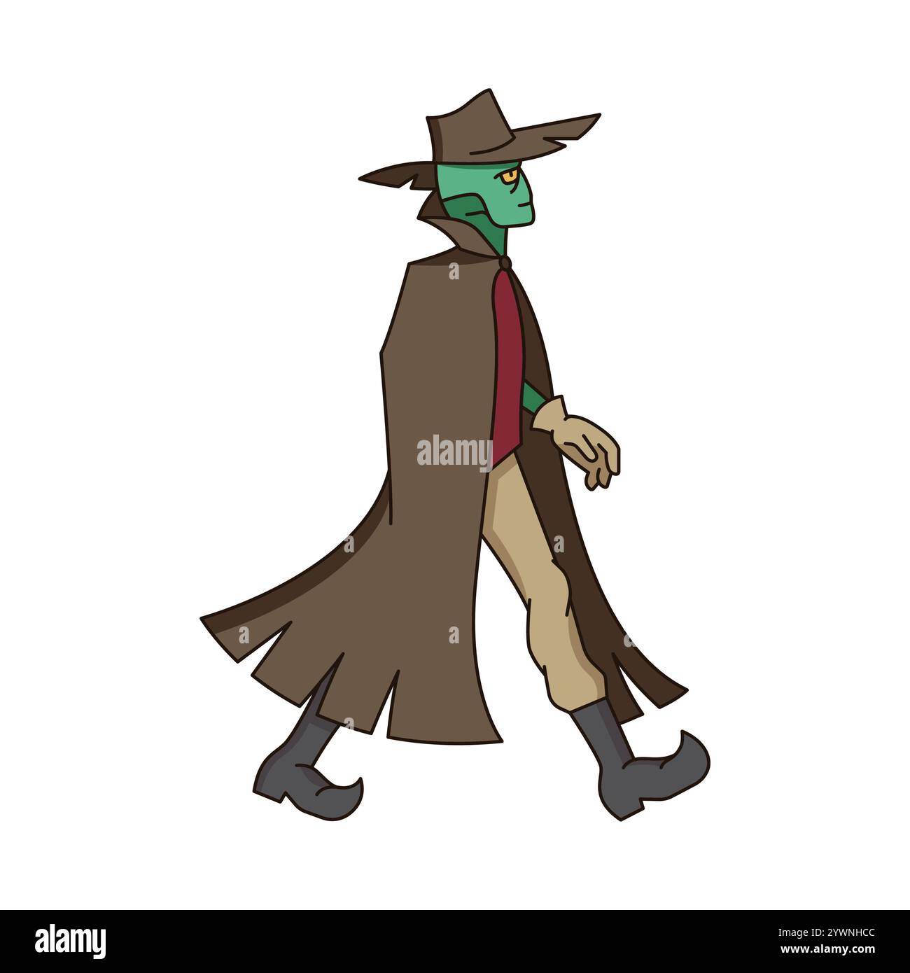 A monster in a cloak and hat walks color line illustration. Fictional ...