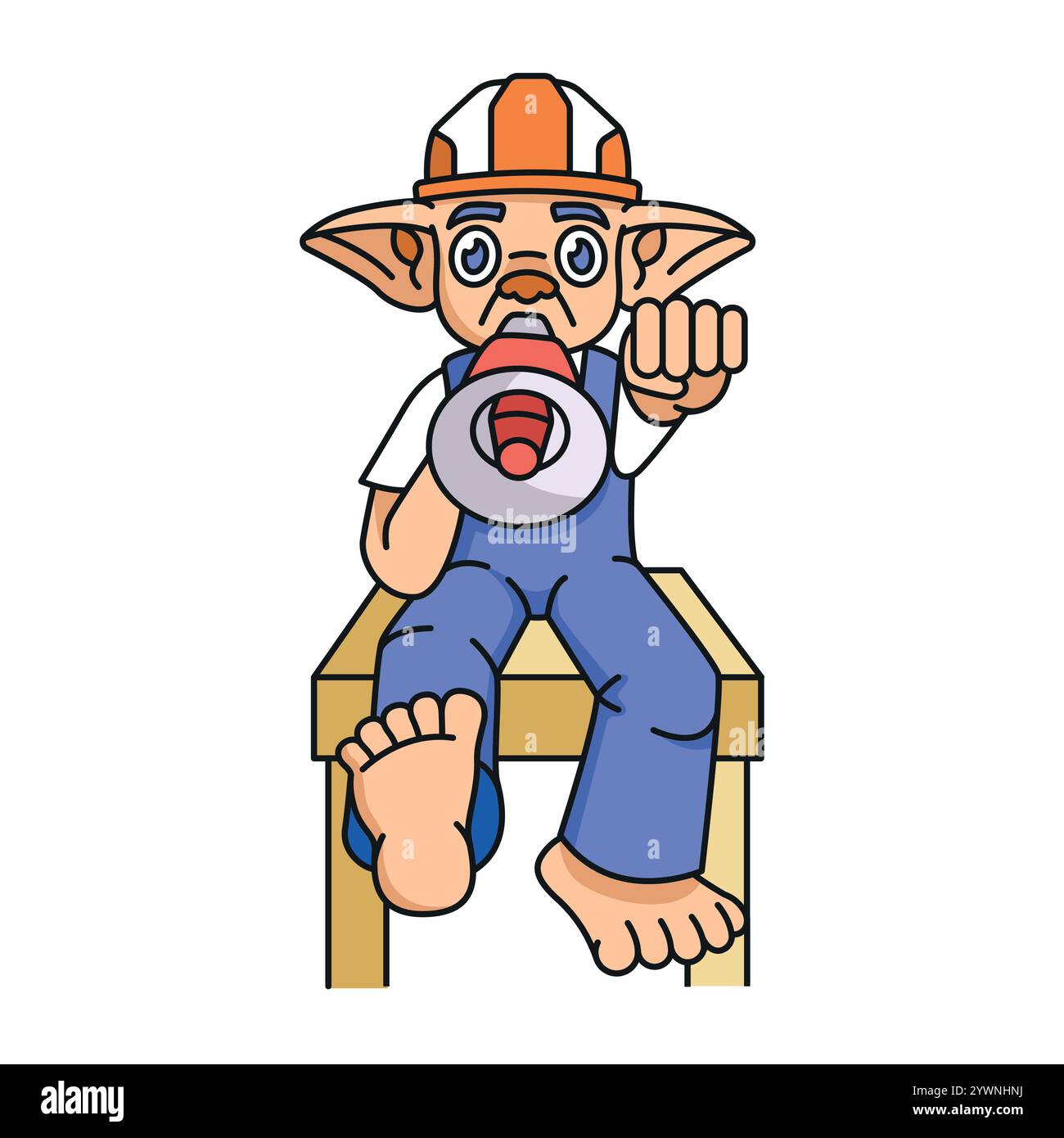 Cute fary tale character color line illustration. Pose and emotions troll engineer speaks into ...