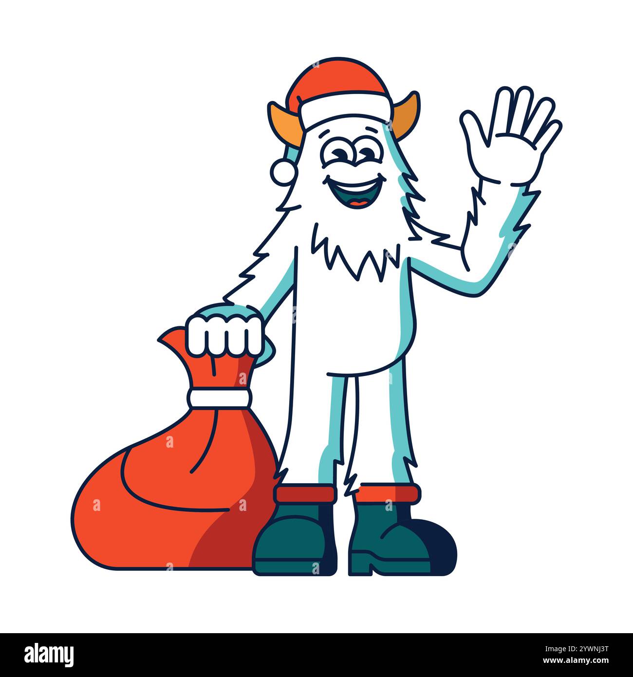 Yeti character with a bag of Christmas presents color line illustartion ...