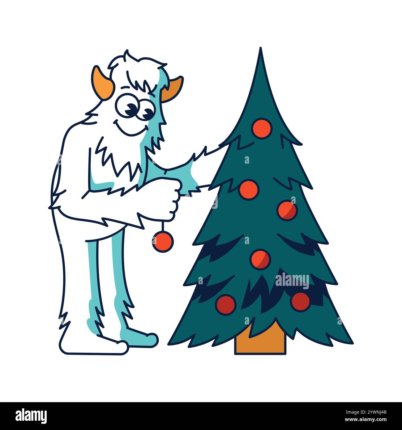 Yeti character decorates the Christmas tree color line illustartion ...